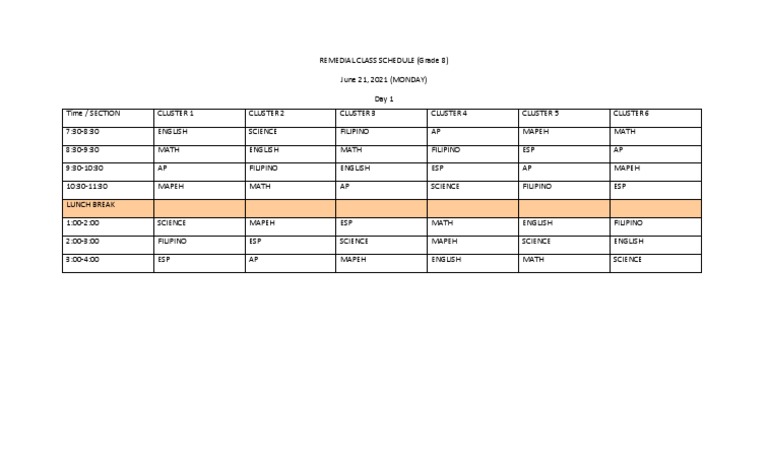 Remedial Class Schedule 2021 | PDF