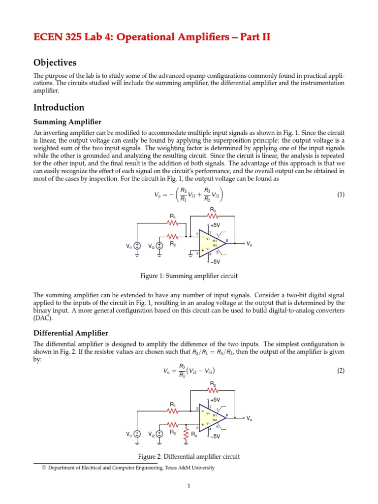 ECEN 325 Lab 4: Operational Amplifiers - Part II | PDF | Amplifier | Electronic Circuits