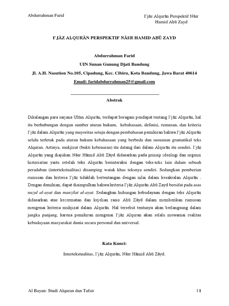 Ijaz Alquran Perspektif Nasr Hamid Abu Zaid | PDF