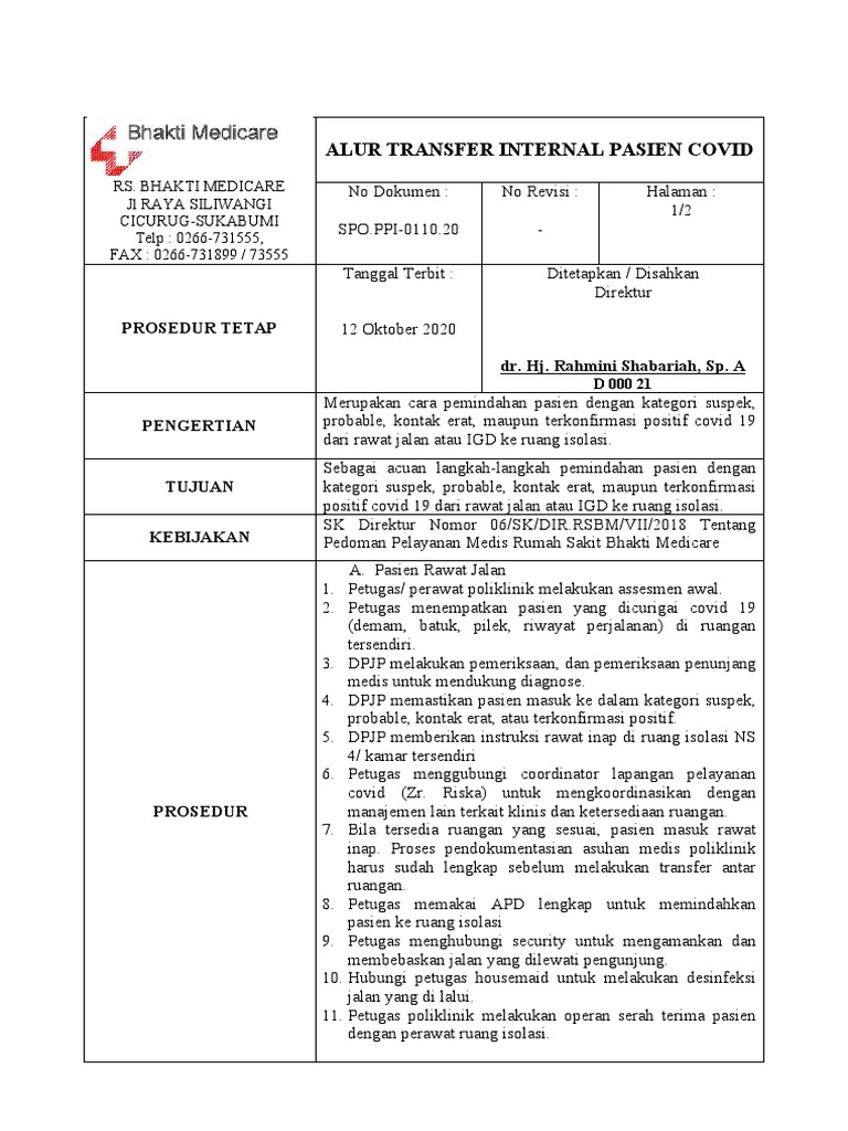 SPO Transfer Internal Pasien Covid 19 | PDF