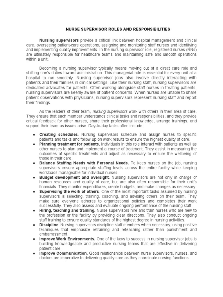 Nursing Supervisor Roles & Responsibilities | PDF | Nursing | Patient