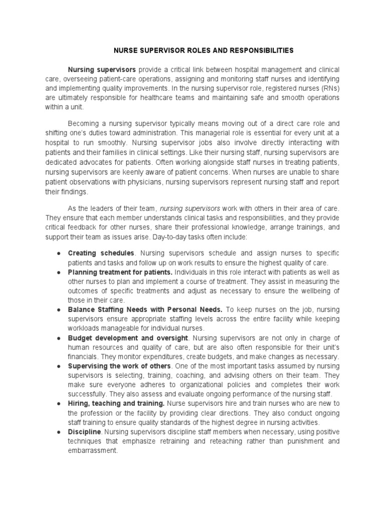 Nurse Supervisor Roles and Duties | PDF | Nursing | Health Care