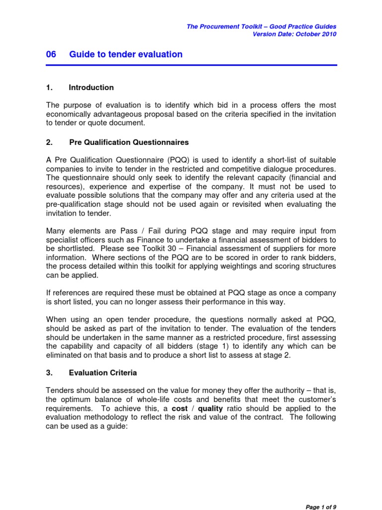 06 Guide To Tender Evaluation | PDF | Procurement | Evaluation