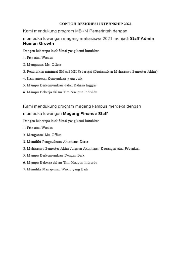 Contoh Deskripsi Internship 2021 | PDF