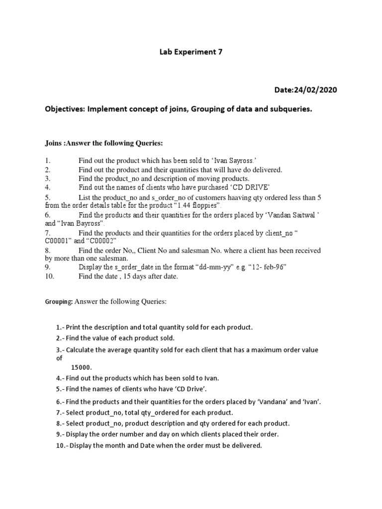 Lab Experiment 7 Concept Of Joins Grouping Of Data And Subqueries Download Free Pdf 