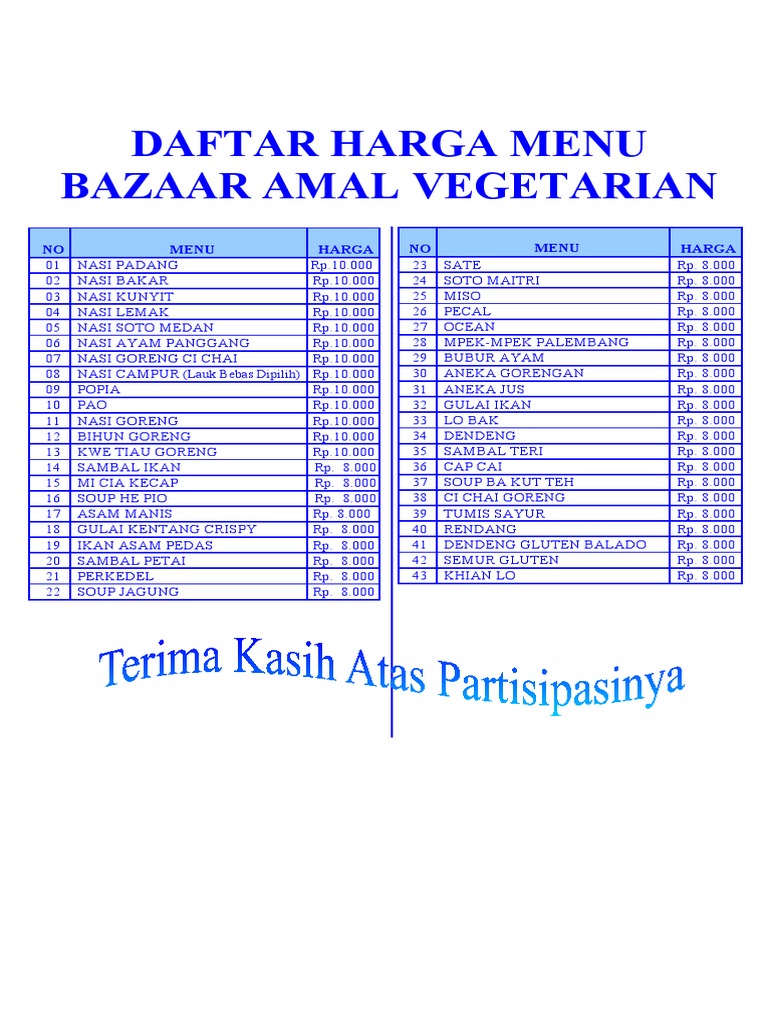 Daftar Harga Menu Bazar Amal Vegetarian | PDF