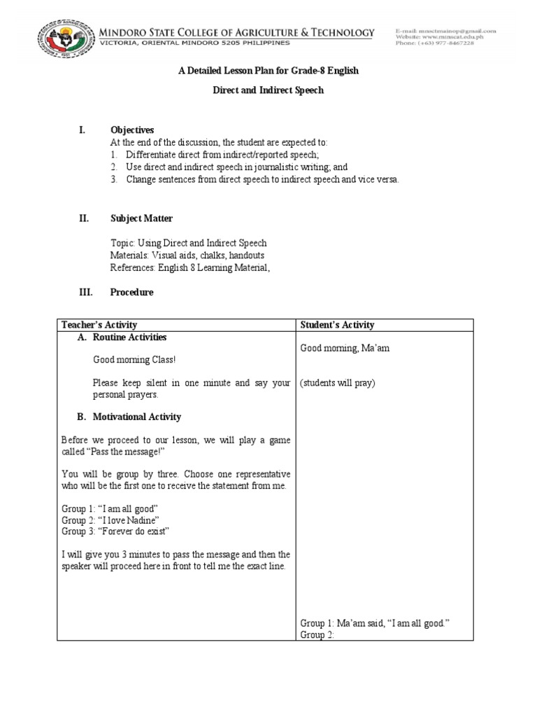 A Detailed Lesson Plan For Grade-8 English Direct and Indirect Speech ...