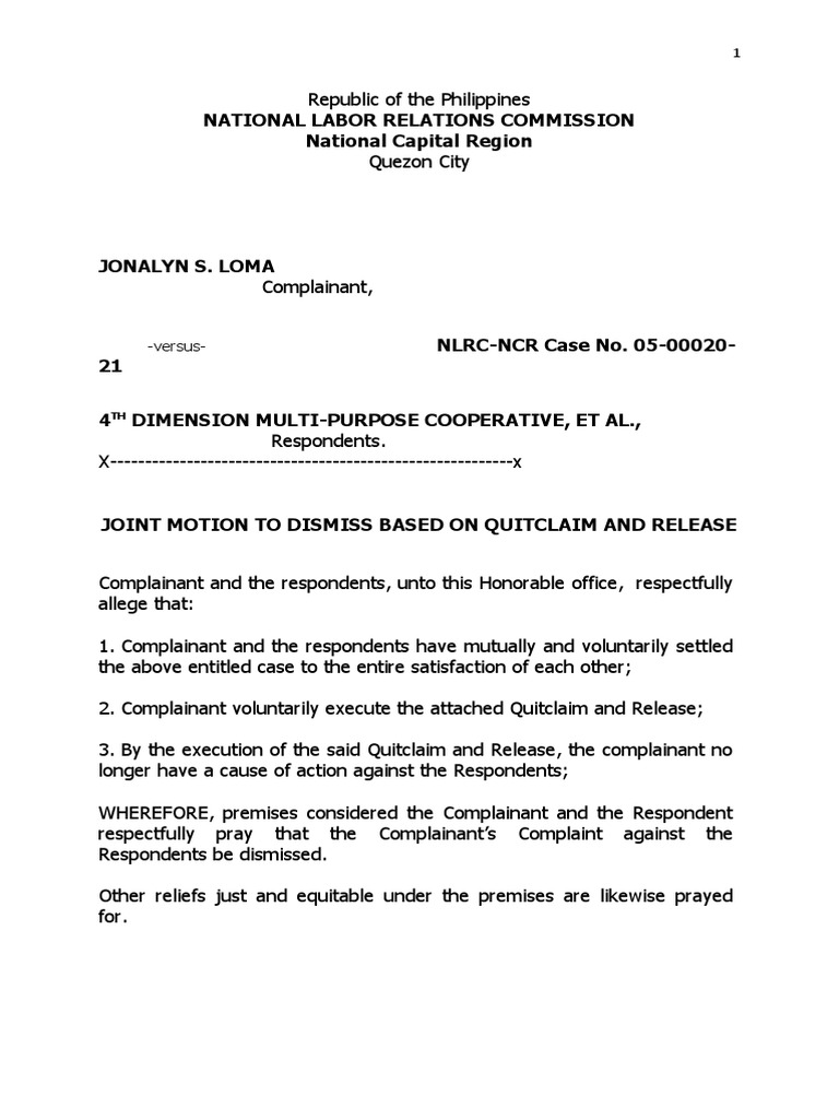 Joint Motion to Dismiss Labor Case | PDF