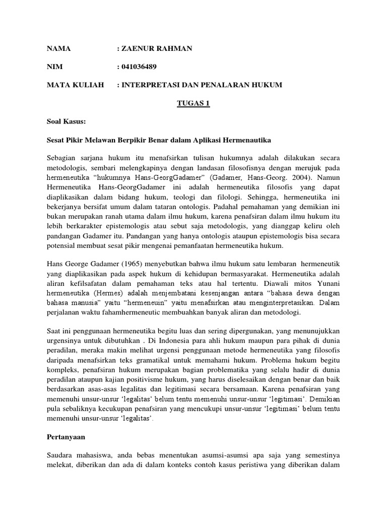 Tugas 1 Interpretasi Dan Penalaran Hukum | PDF