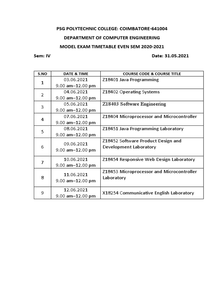 Model Exam Timetable For Odd Sem DCE (20-21) | PDF | Computing | Computer Engineering
