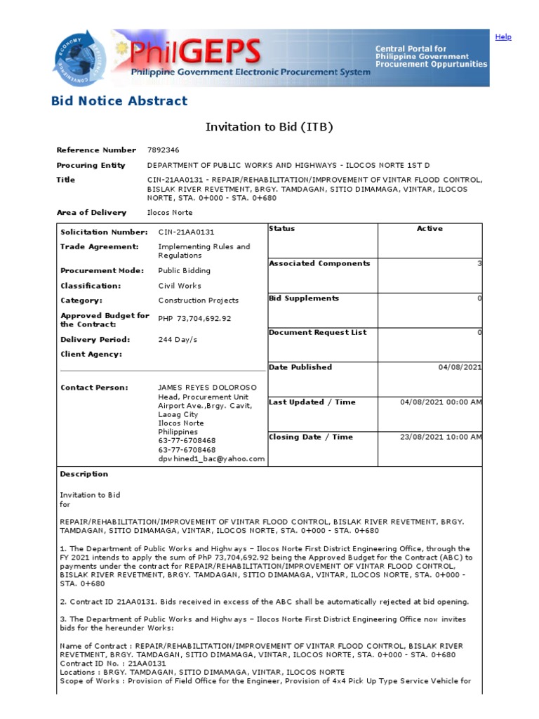 Bid Notice Abstract: Invitation To Bid (ITB) | PDF