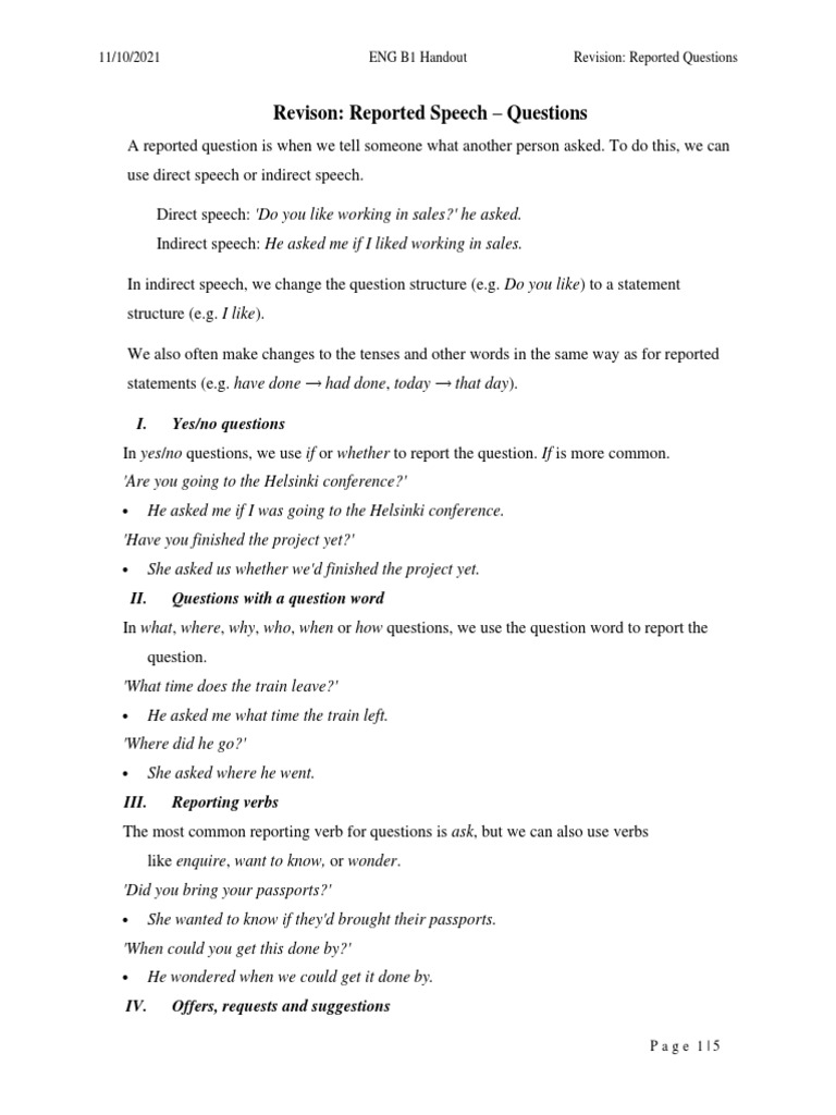 (ENG B1) 111021 Revision - Reported Speech | PDF | Question | Semantic ...