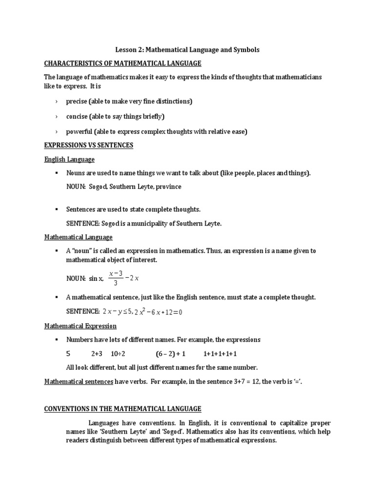 Lesson 2: Mathematical Language and Symbols Characteristics of ...
