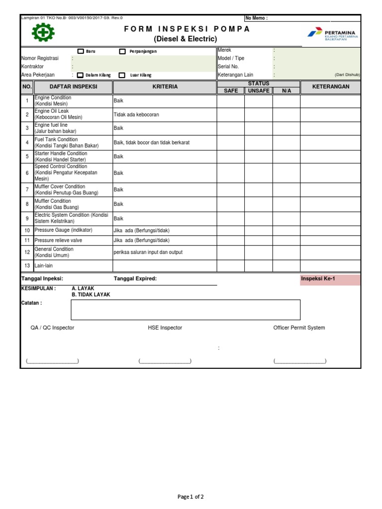 Form 012 Inspeksi Pompa Air | PDF