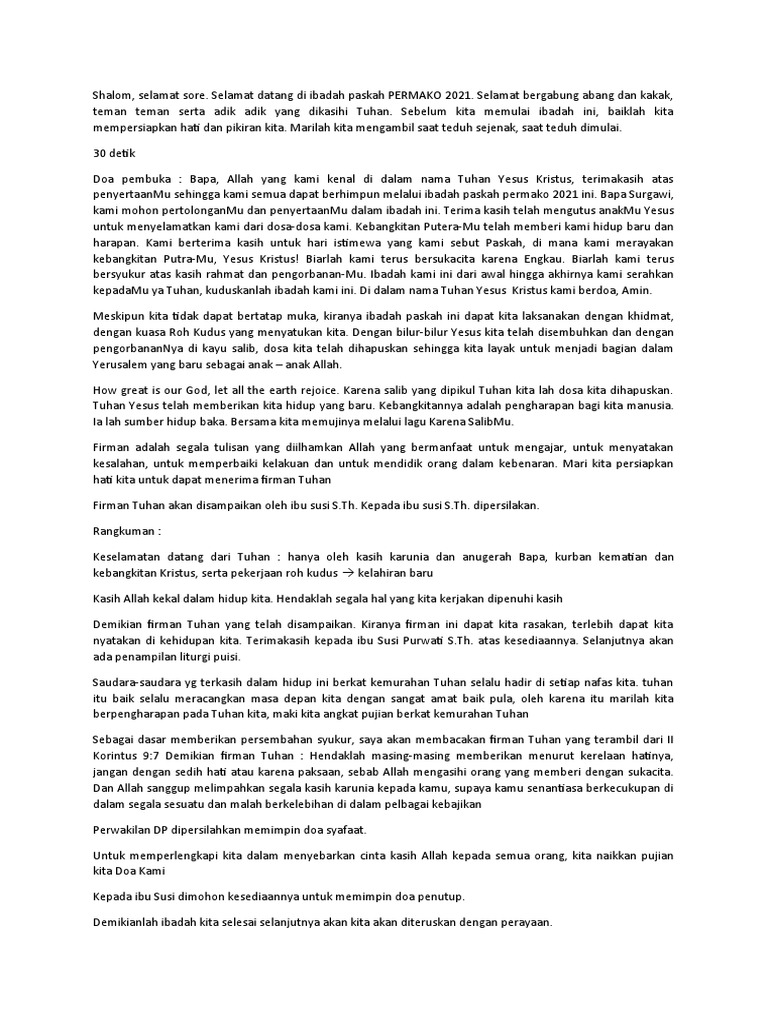 Susunan Ibadah Paskah PERMAKO 2021 | PDF