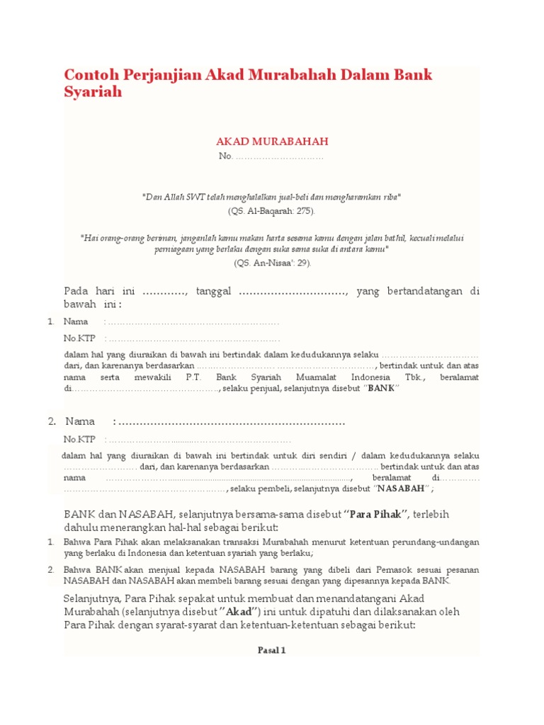 Contoh Perjanjian Akad Murabahah Dalam Bank Syariah | PDF | Pengelolaan Keuangan & Uang