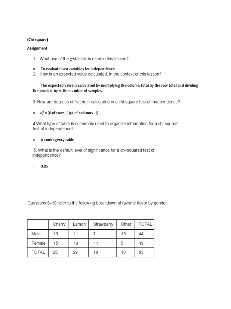 (Chi Square) Assignment: DF (# of Rows - 1) (# of Columns - 1) | PDF ...