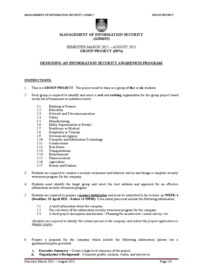 Asm655 Group Project Guidelines (Mac 2021) | PDF | Information Security | Communication