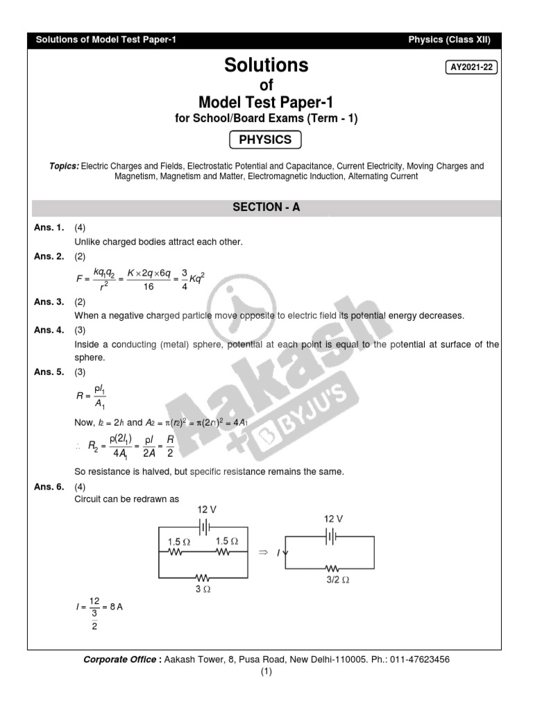 Aakash Model Test Papers Solutions XII T1 Physics | PDF | Inductor ...