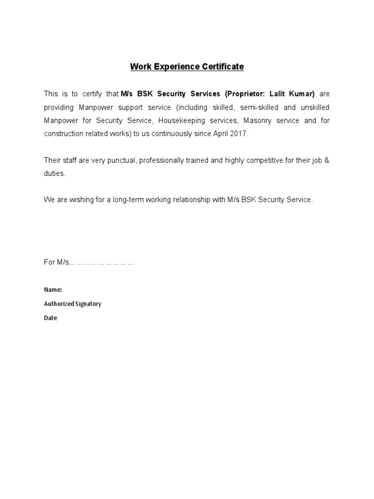 Work Experience Certificate: Name: Authorized Signatory Date | PDF