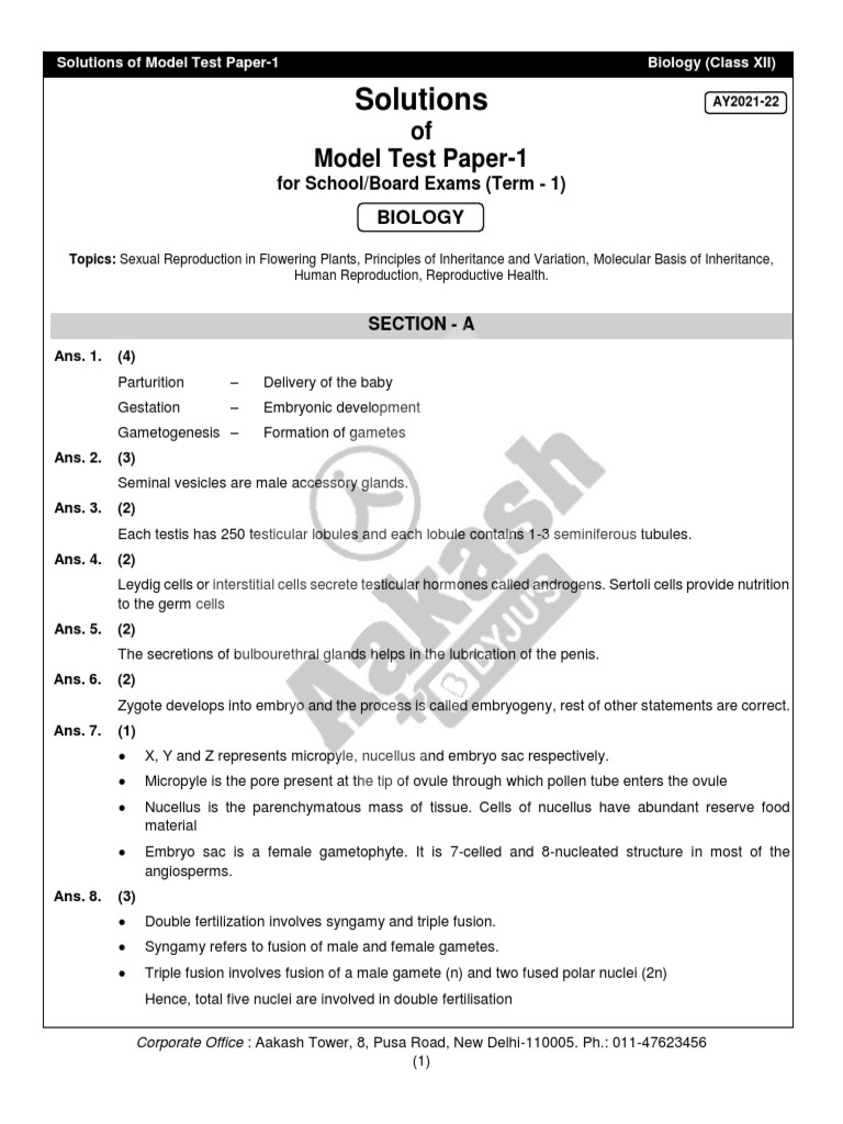 Aakash Model Test Papers Solutions XII T1 Biology | PDF | Gene ...