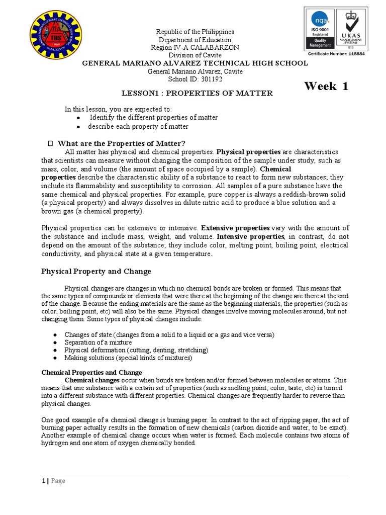 Week 1: Lesson1: Properties of Matter | PDF | Chemical Substances | Mixture