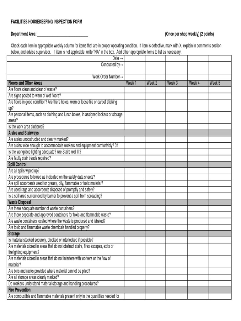 Facilities Housekeeping Inspection Form Department Area: - (Once Per ...