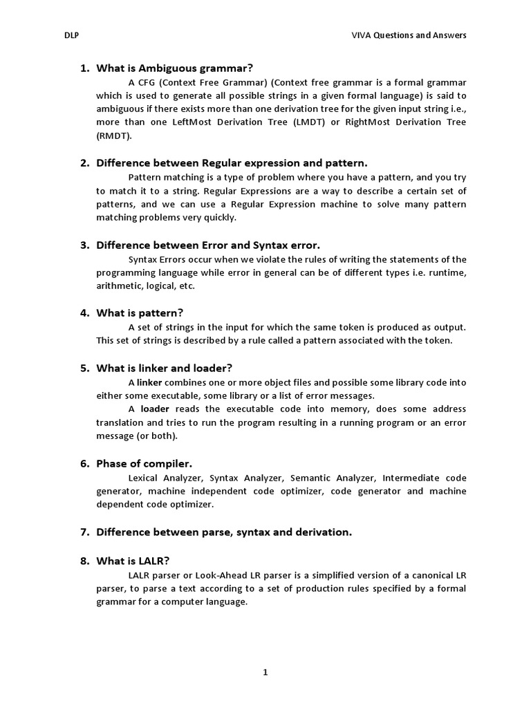 DLP VIVA Questions and Answers | PDF | Parsing | Compiler