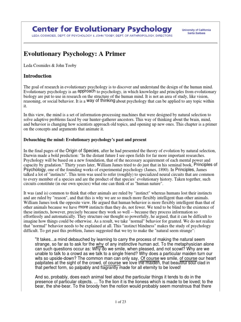 Cosmides Leda and J Tooby Evolutionary Psychology | PDF