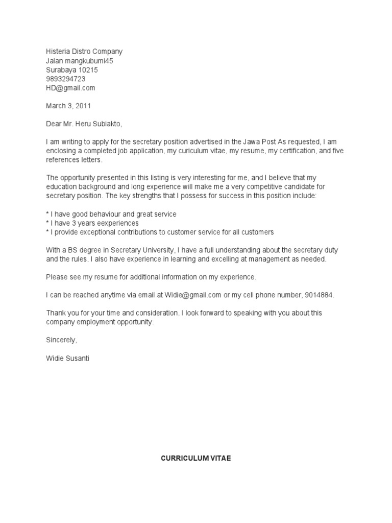 Application Letter Secretary | PDF | Invoice | Accounting