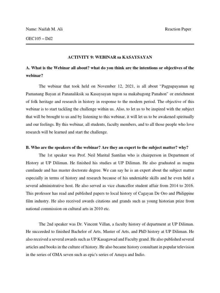 Ali, Naifah M - ACTIVITY 9 - WEBINAR Sa KASAYSAYAN | PDF | Oral History ...