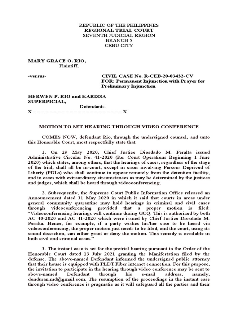Video Conference Hearing Motion | PDF | Lawsuit | Judge