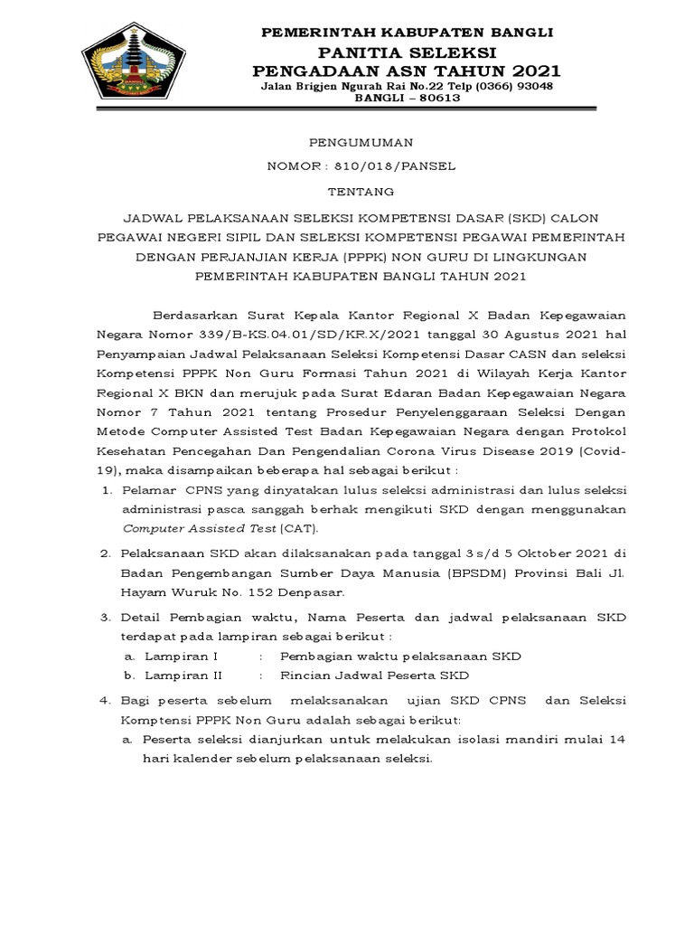 Pengumuman Seleksi SKD 2021 164602 | PDF