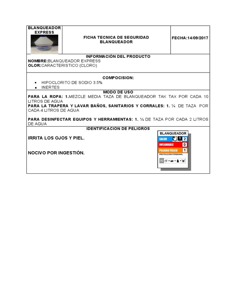 Ficha Tecnica Blanqueador Tak Tax | PDF | Blanqueador | Agua