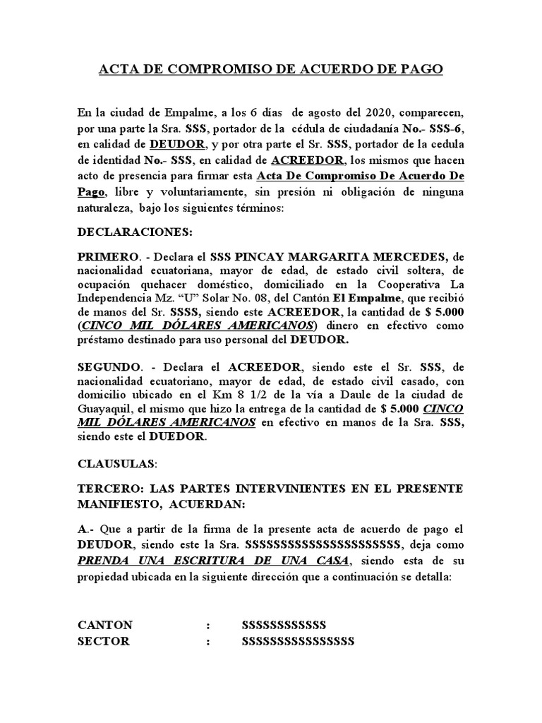 Acta de Compromiso de Acuerdo de Pago | PDF | Pagos