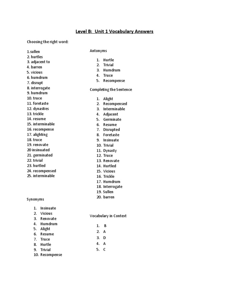 Level B: Unit 1 Vocabulary Answers | PDF