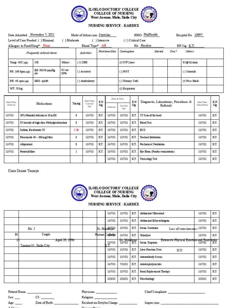 Iloilo Doctors' College Nursing Service Kardex | PDF | Clinical ...