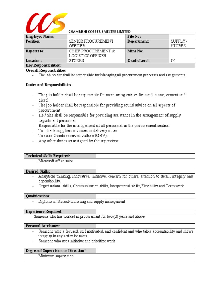 Senior Procurement Officer Role at Chambishi | PDF