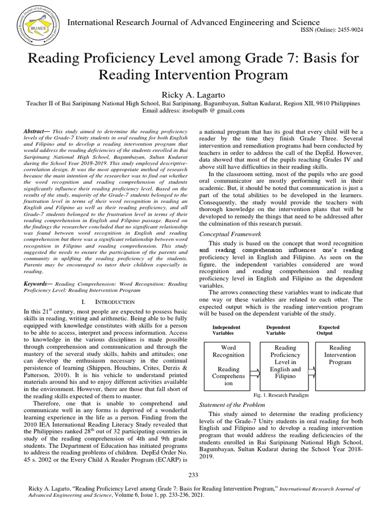 Reading Proficiency Level Among Grade 7: Basis For Reading Intervention ...