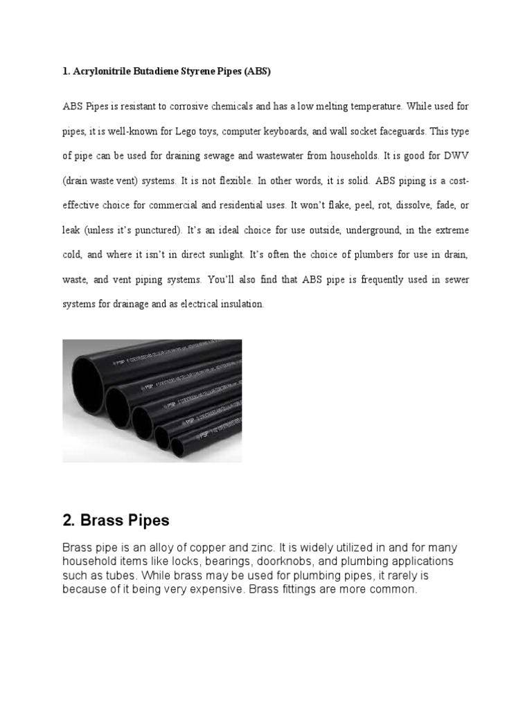 Brass Pipes: 1. Acrylonitrile Butadiene Styrene Pipes (ABS) | PDF ...