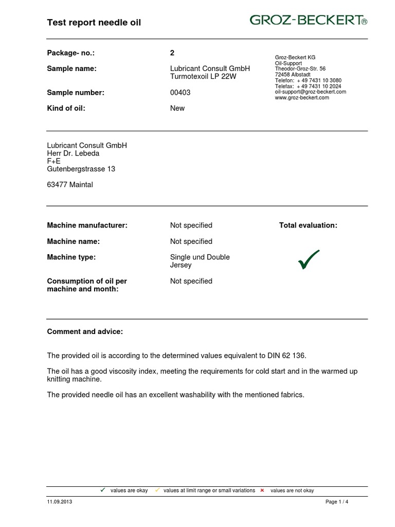 Groz Beckert Test Turmotexoil LP 22W | Download Free PDF | Materials ...