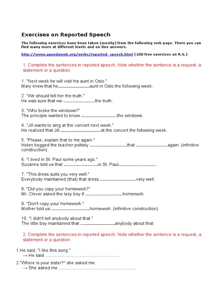 Reported Speech Exercises and Answers | PDF | Question