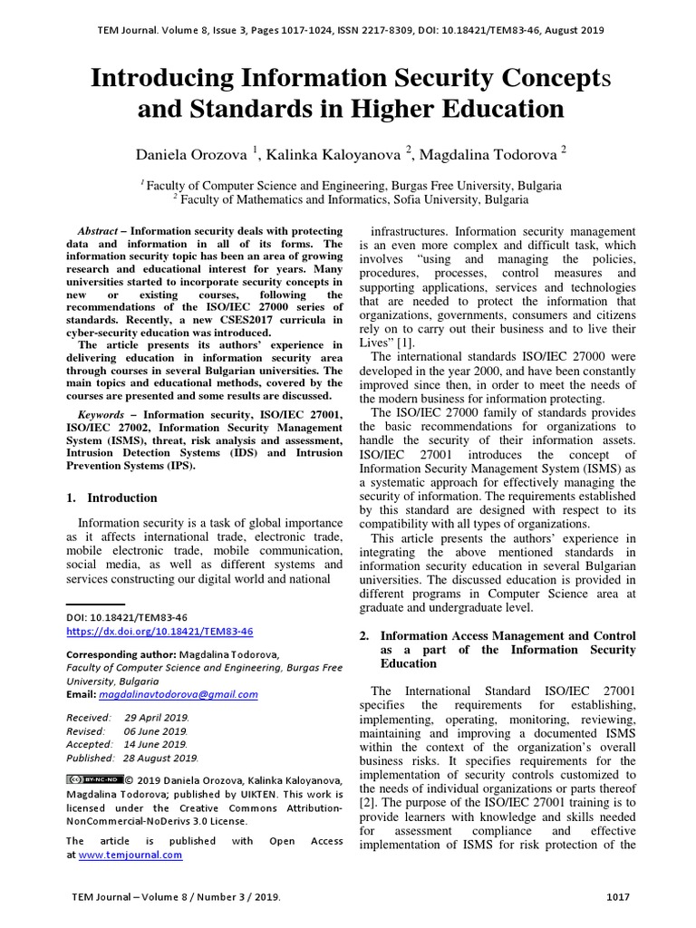 Introducing Information Security Concepts and Standards in Higher ...
