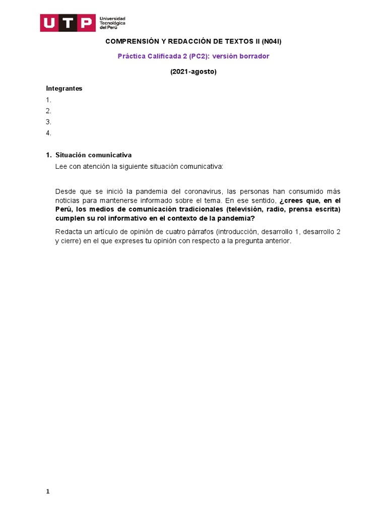 UTP S15.s2 y S16.s1 COMPRENSIÓN Y REDACCIÓN 2 (AGOSTO 2021) Práctica Calificada 2 (PC2) Versión ...