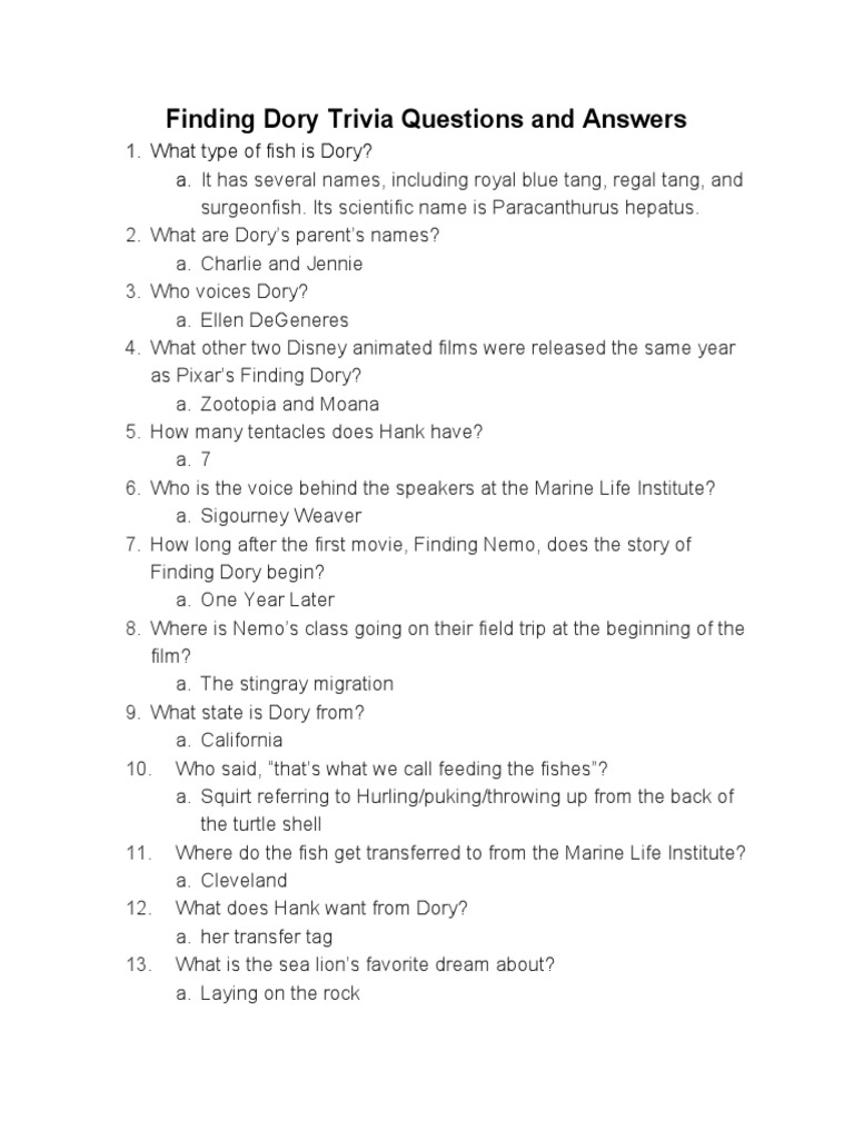 Finding Dory Trivia Questions and Answers: 1. What Type of Fish Is Dory ...