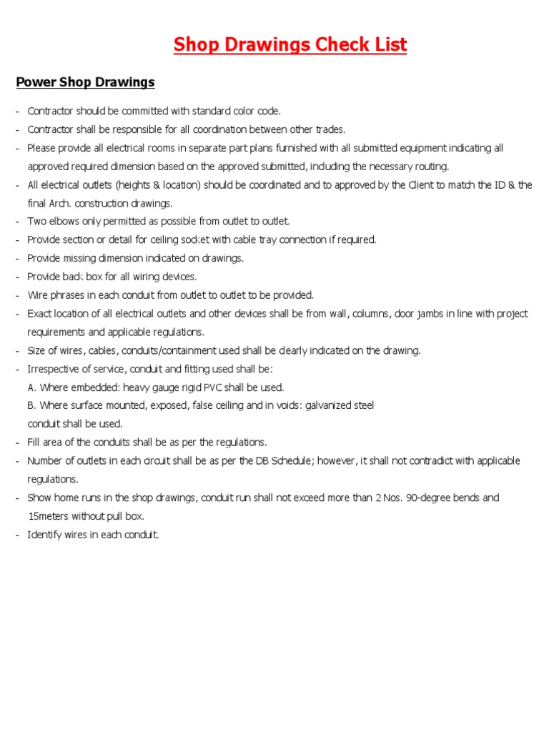 Shop Drawing Checklists | PDF | Electrical Wiring | Electromagnetism