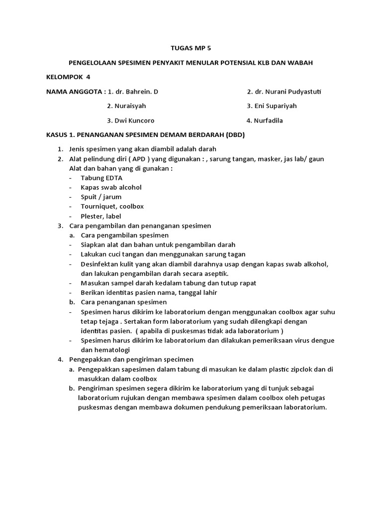 Tugas MP 5 Pengelolaan Spesimen Penyakit Menular Potensial KLB Dan Wabah | PDF