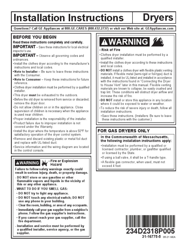 Dryers Installation Instructions: Warning | PDF | Ac Power Plugs And ...