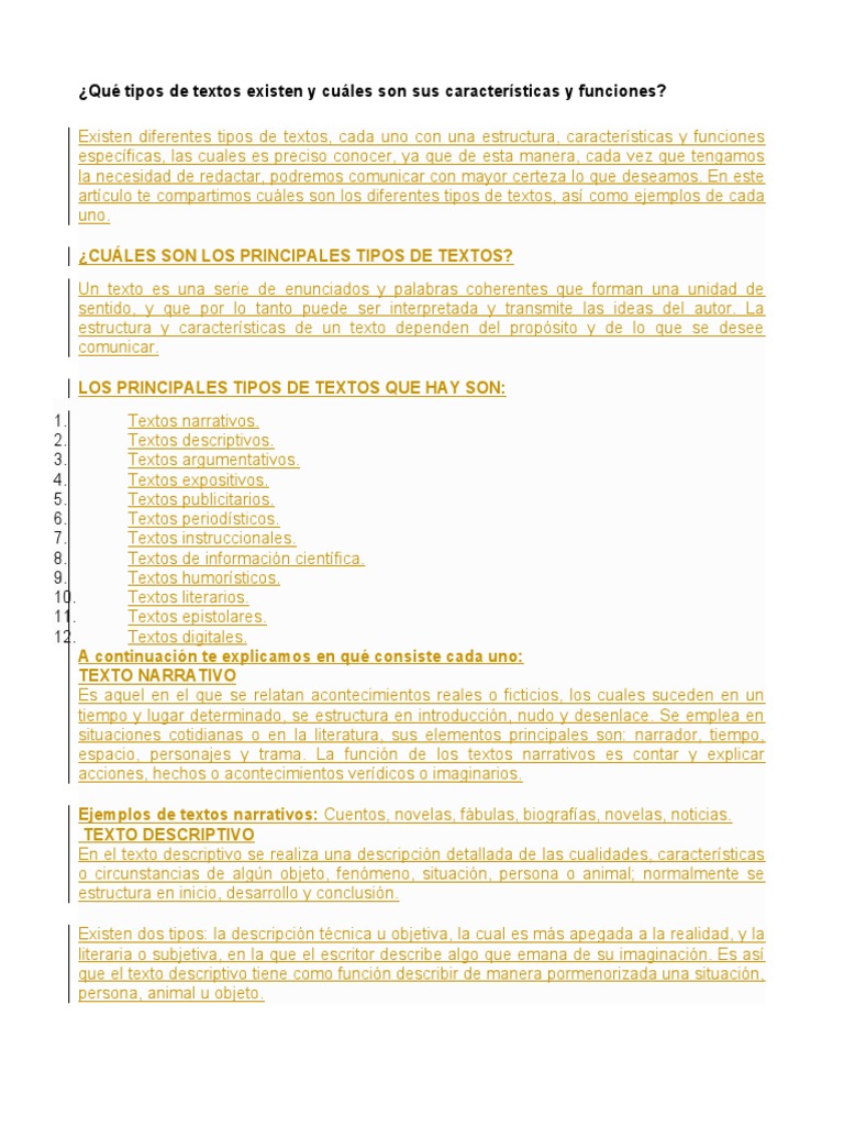 Qué Tipos de Textos Existen y Cuáles Son Sus Características y Funciones | PDF | Comunicación ...