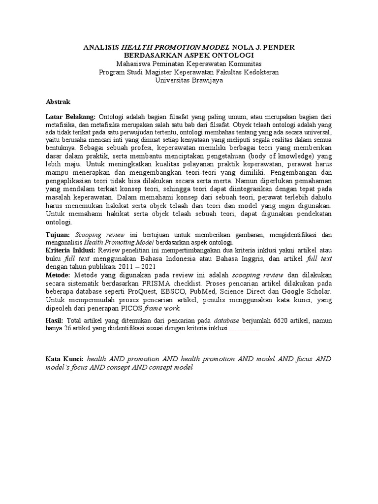 Metode Dan Hasil Scooping Review Nola J Pender | PDF